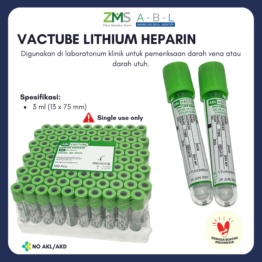 Jual Tabung Darah Lithium Heparin 3 ML 13X75MM | Vactube Lithium ...