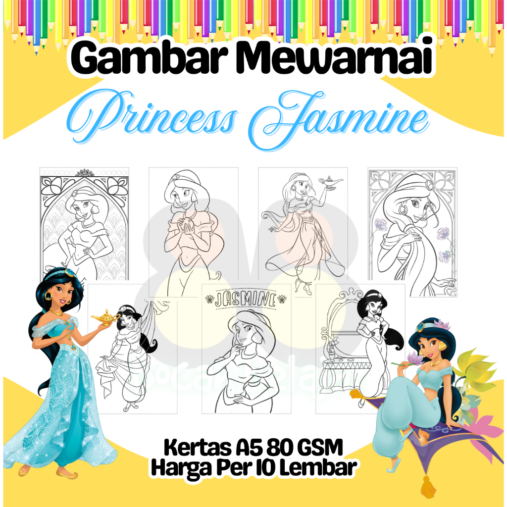Jual 10 Lembar Kertas A5 Gambar Mewarnai Tema PRINCESS JASMINE DISNEY ALADIN Termurah - Anak ...