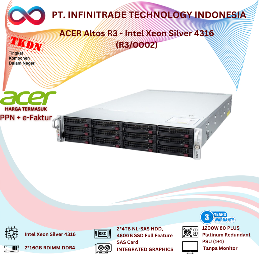 Jual ACER ALTOS R3 - INTEL XEON 4316 (R3/0002) 32GB 8TB NL-SAS DOS - 3 ...