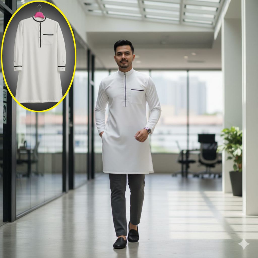 Jual Modern Elegance Men's Kurta - Stylish White with Black Trim Arabic ...