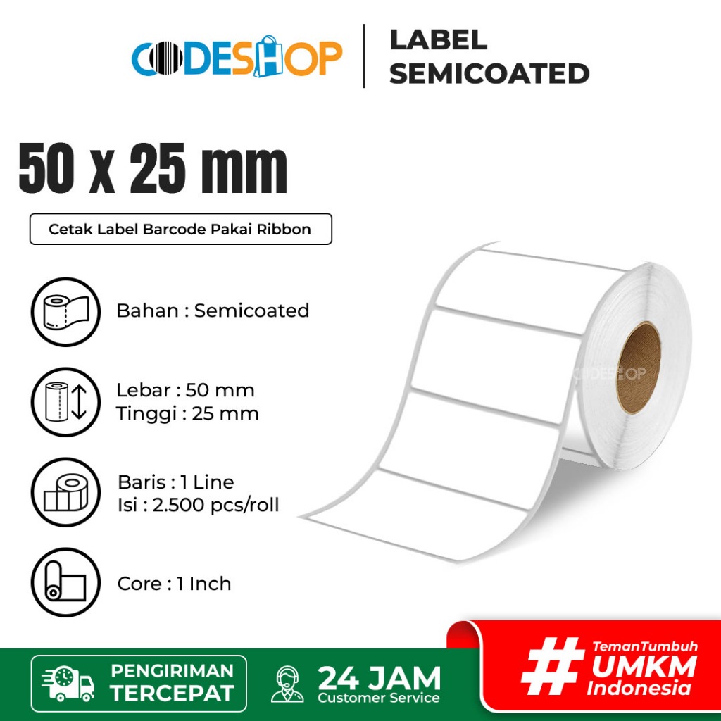 Jual Label Semicoated 50x25 mm Stiker 1" core Printer Barcode Wincode ...