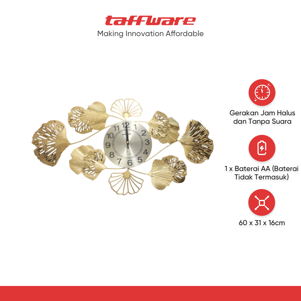 Jual TaffHOME Jam Dinding Elegan Besi Ginkgo Biloba Silent Movement ...