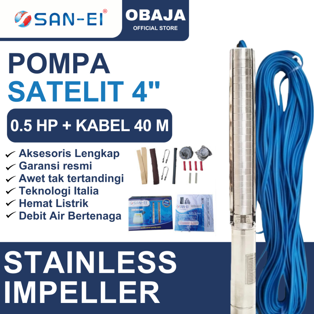 Jual San Ei Pompa Satelit Stainless 4 inch 0.5 HP + Kabel 40 M / Pompa ...
