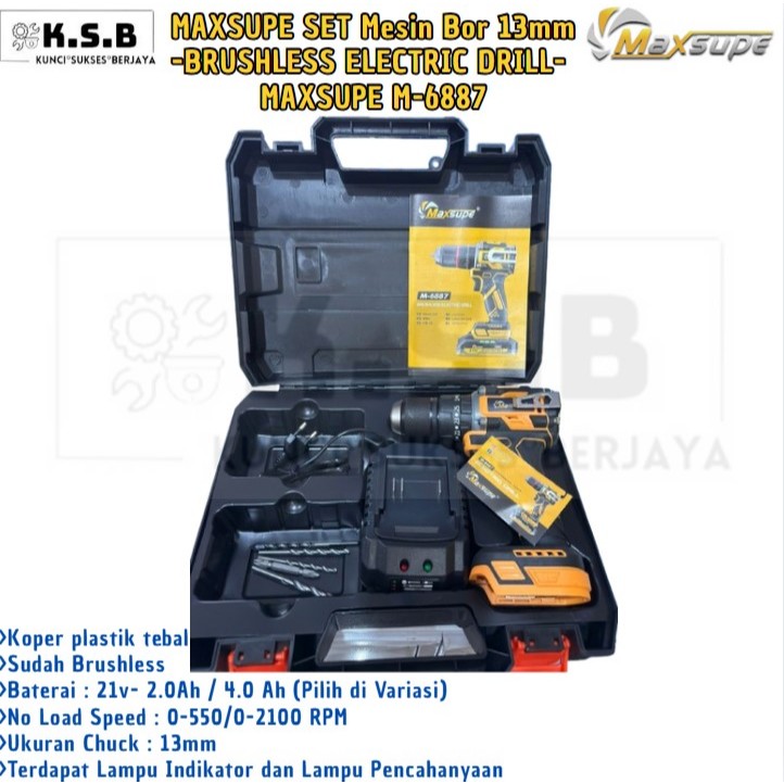 Jual MAXSUPE M-6887 SET Mesin Bor Baterai 13mm -BRUSHLESS ELECTRIC ...
