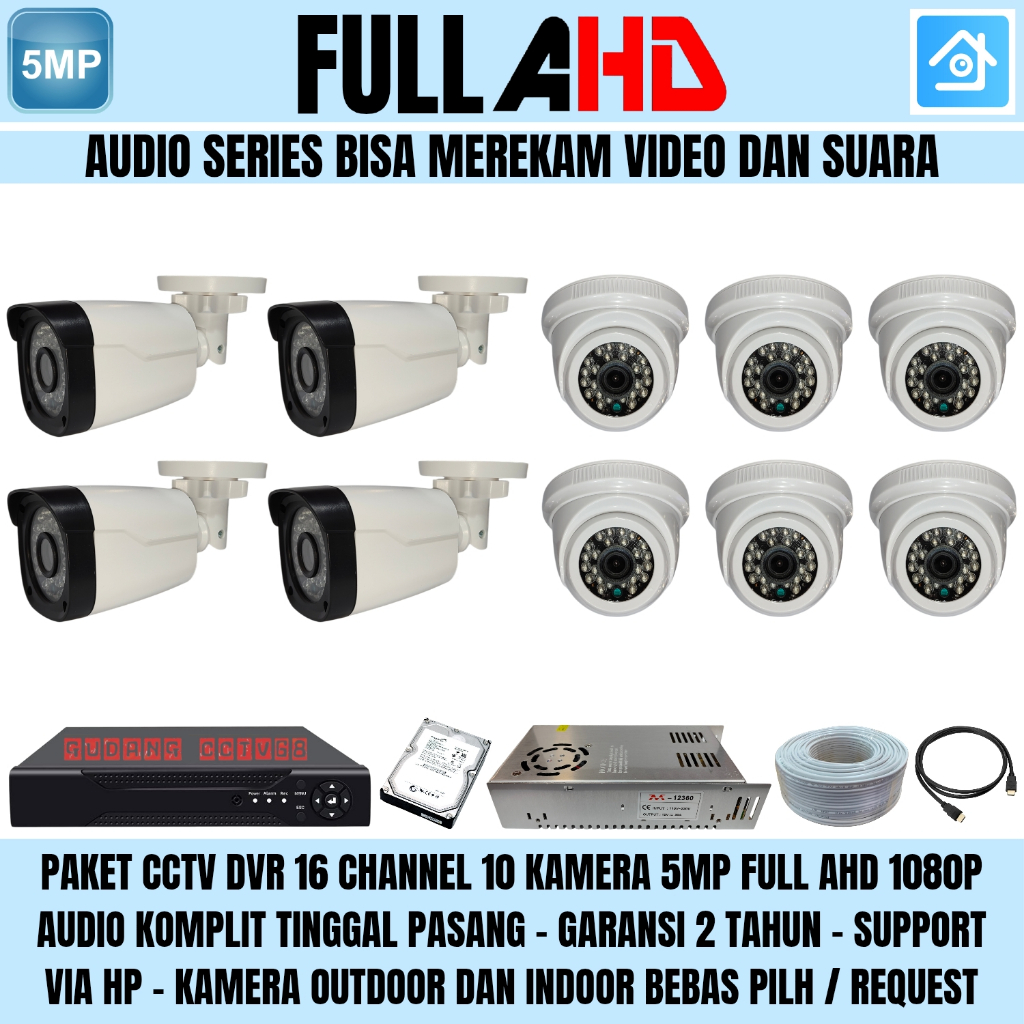 Jual PAKET CCTV FULL AHD 16 CHANNEL 10 KAMERA 5MP IR SONY 1080P AUDIO ...