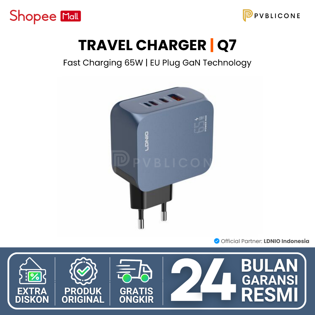 Jual LDNIO Adapter Travel Charger Q7 65W GaN Technology USB + 3 Type C ...