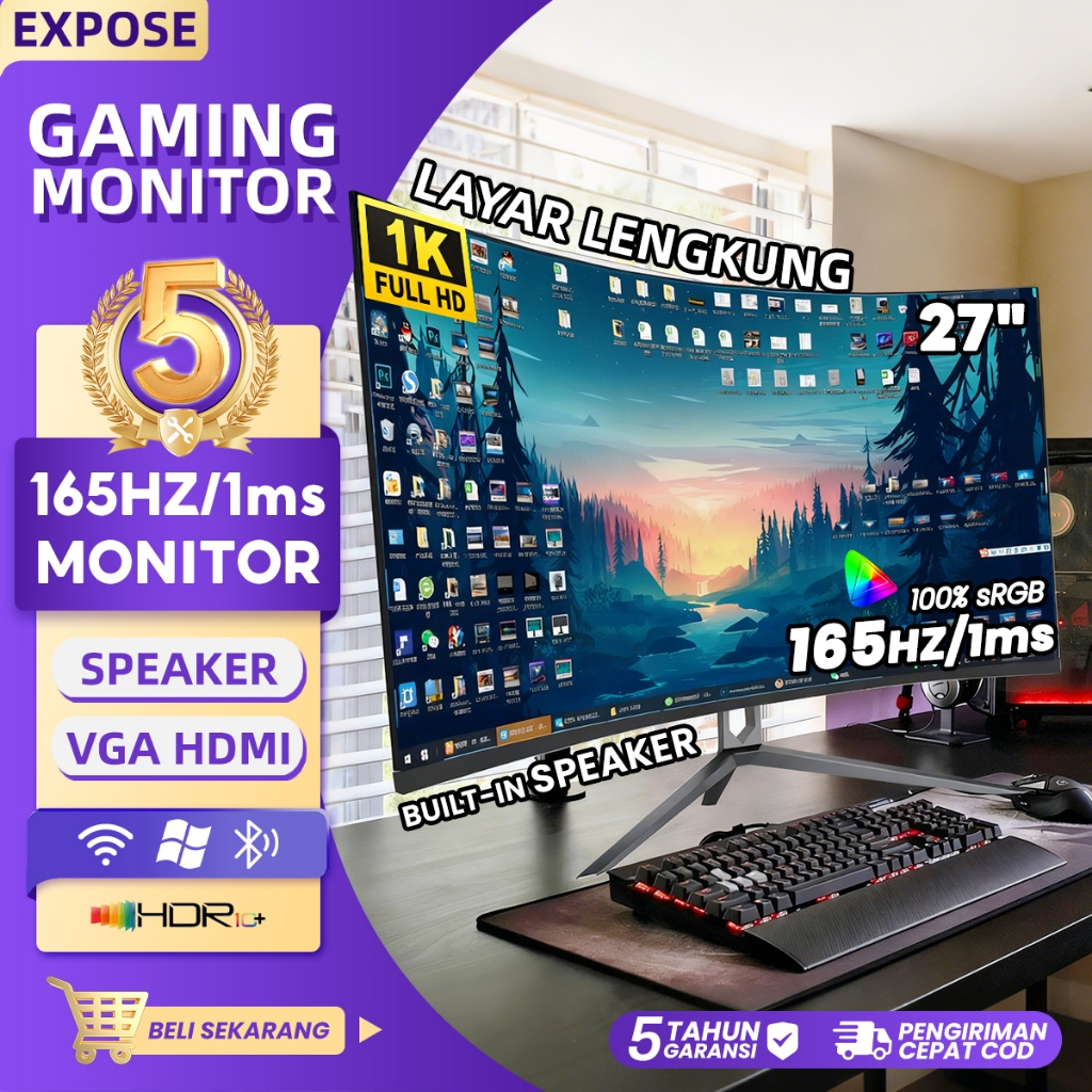 Jual Monitor Lengkung 27 Inch 165Hz 1ms Gaming Monitor HDR dengan ...