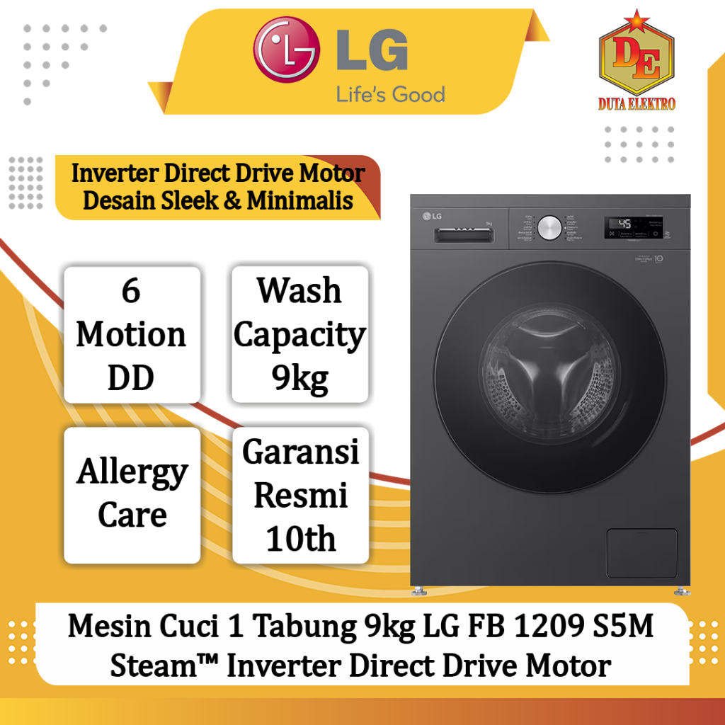 Jual Mesin Cuci 1 Tabung 9kg LG FB 1209 S5M Steam™ Inverter Direct ...