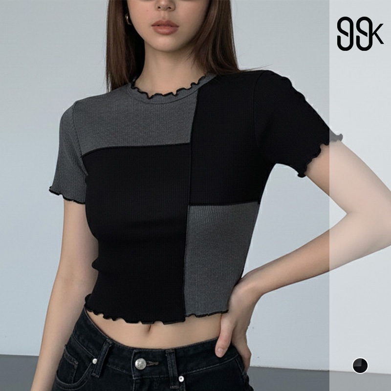 Jual [Premium] Women Crop Top Two Color Round Neck Short Sleeve 1802 (S ...