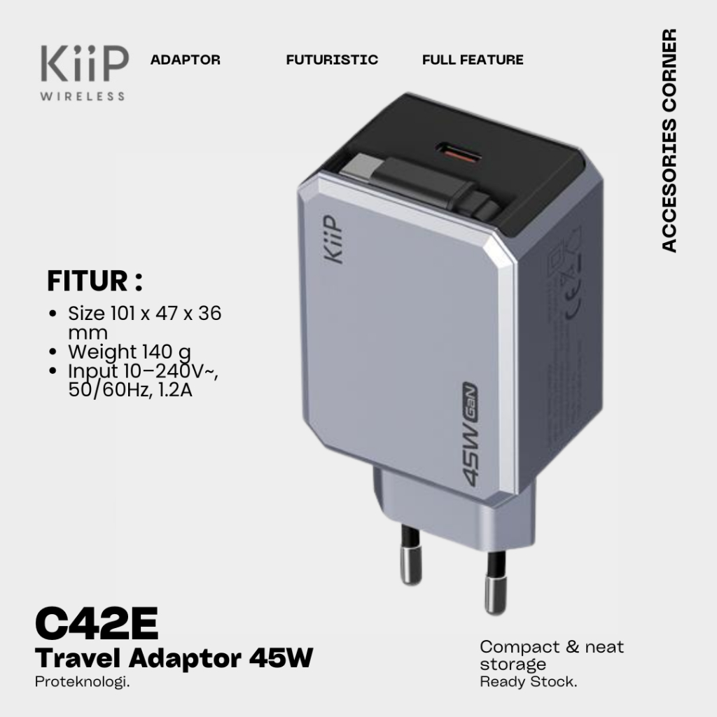 Jual KiiP C42E GaN Fast Travel Charger 45W Adaptor Universal Compact ...
