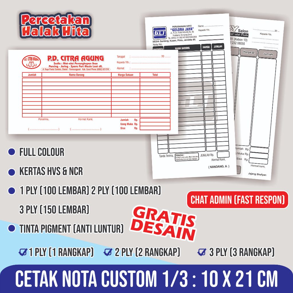 Jual Cetak Nota Custom 1/3 / Cetak Nota 1ply 2 Ply 3 Ply / Cetak Nota ...