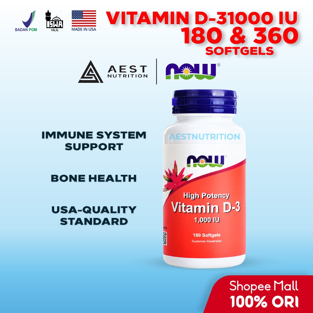 Jual NOW Vitamin D3 1000 IU 180 360 Softgels Suplemen Daya Tahan Tubuh ...