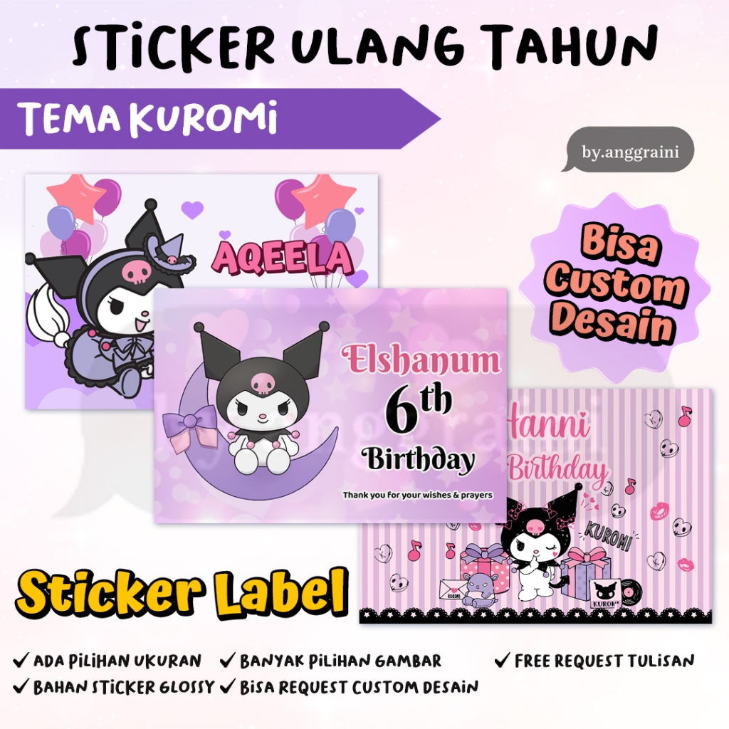 Jual Sticker Ulang Tahun Tema Kuromi - Stiker Label Kotak Nasi Bento ...