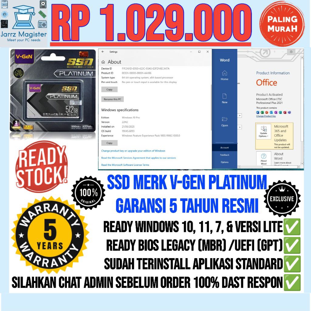 Jual SSD Siap Pakai Isi Windows 10 11 8.1 8.0 7 + Office Apk Std | V-Gen Platinum 512GB | Vgen ...