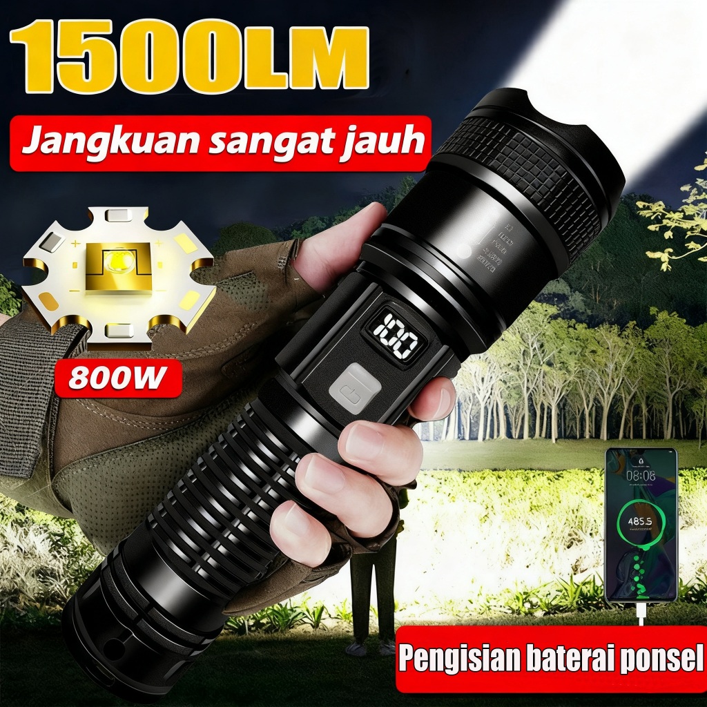 Jual COD Senter LED Super Terang 1500 Lumens Jarak jarak jauh zoom ...