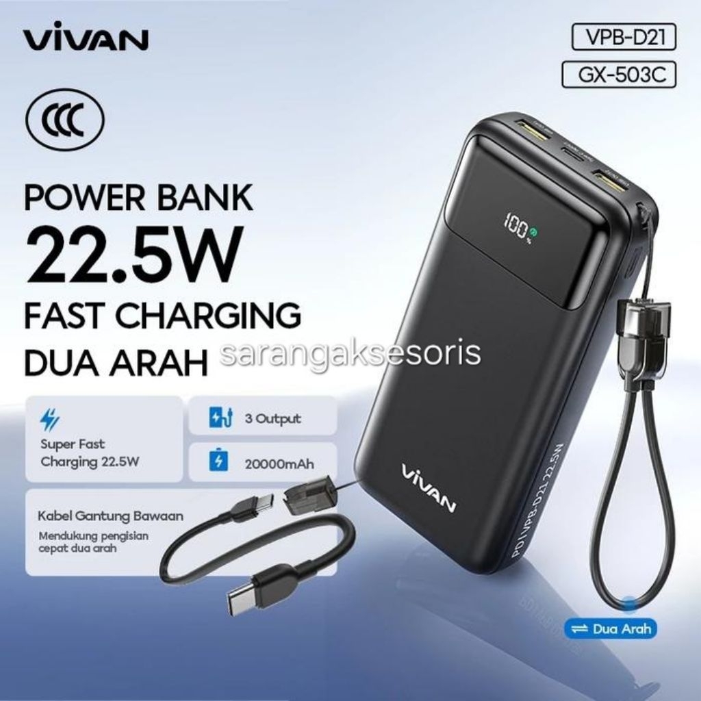 Jual Vivan VPB-D21 3C CCC Power Bank 20000mAh Fast Charging 22.5W PD ...