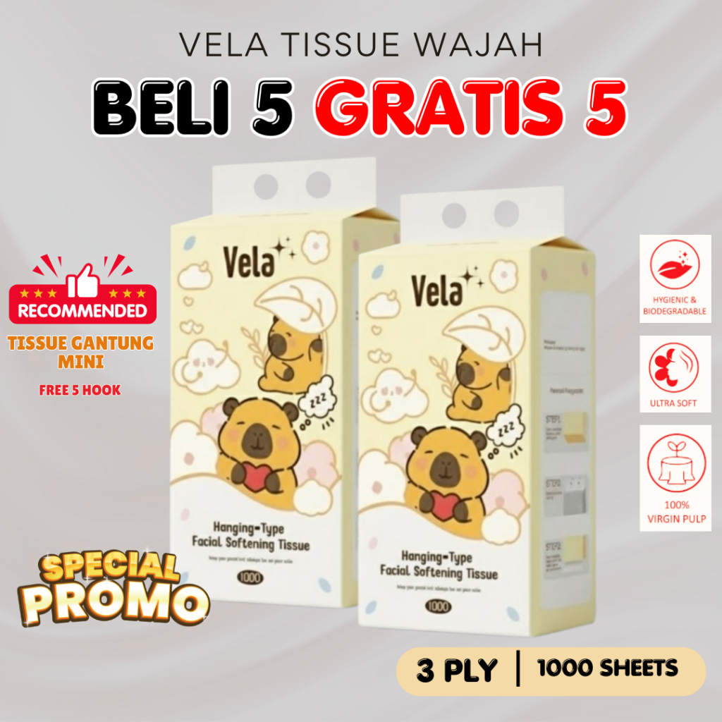 Jual [BELI 5 GRATIS 5 PAK] Mini Tisu Vela Gantung 3 Ply – 1000 Sheets ...