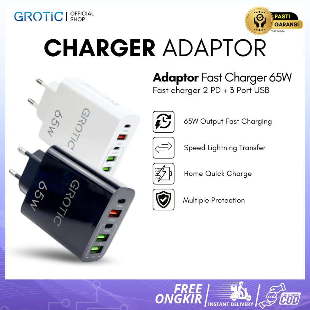 Jual GROTIC Charger Adaptor 65W PD Fast Charging Kepala Charger 2 Type ...
