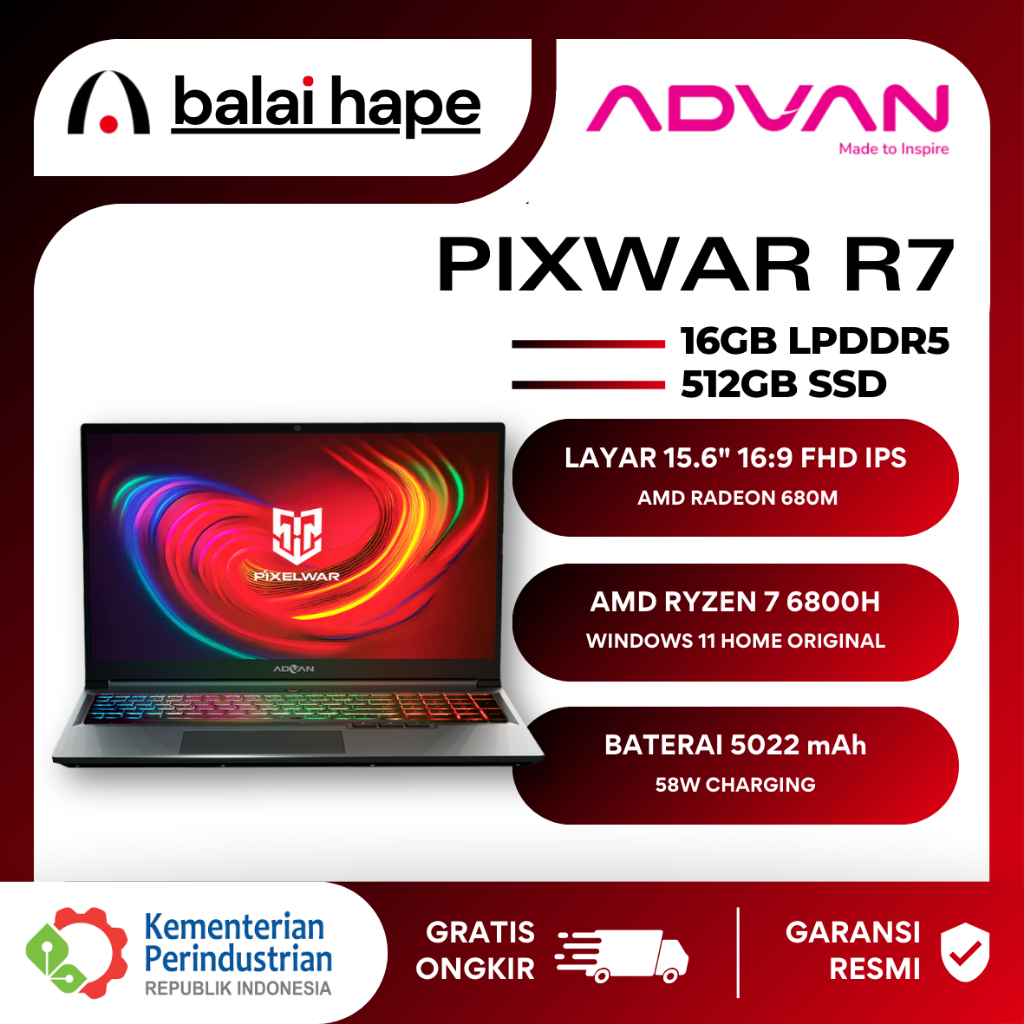 Jual ADVAN Laptop Pixwar R7 | AMD Ryzen 7 6800H | 16GB LPDDR5 512GB SSD ...