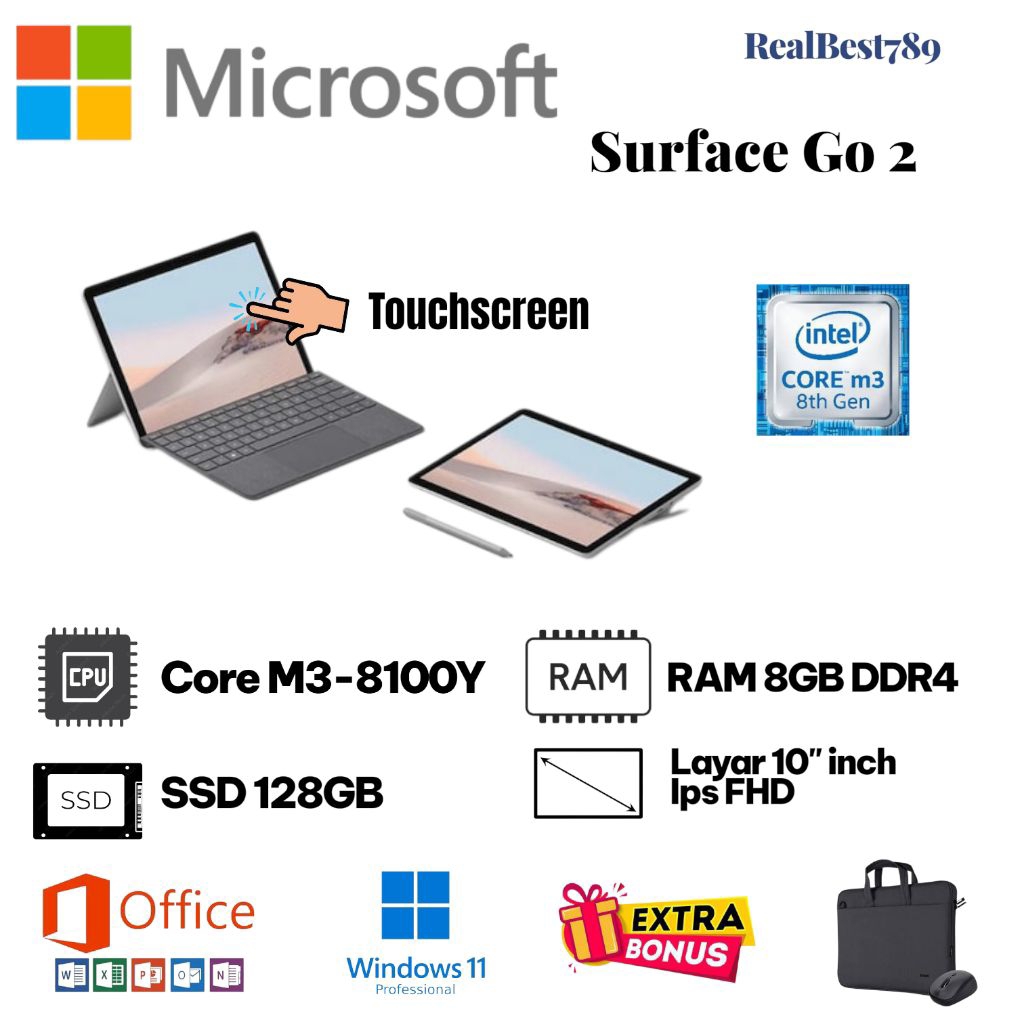 Jual Microsoft Surface Go 2 2in1 Tablet Core M3 8100y Ram 8GB Ssd 128GB ...