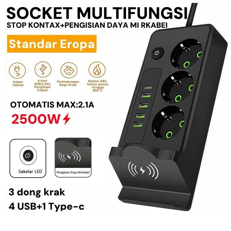 Jual COD PowerPort 2500W Power Strip Power Socket Charger Stop Kontak ...