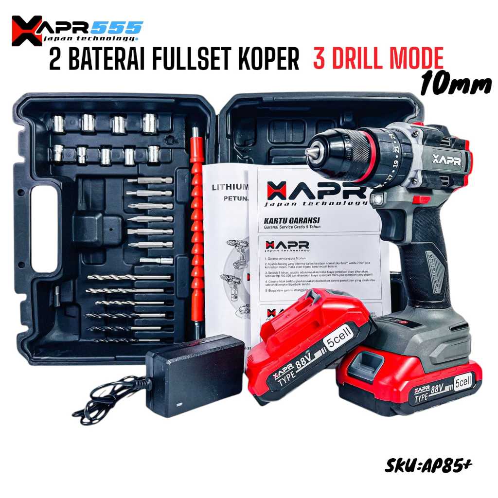 Jual APR AP85+ MESIN BOR BATERAI 88V 2 baterai KEPALA BOR BESI 10MM BOR ...