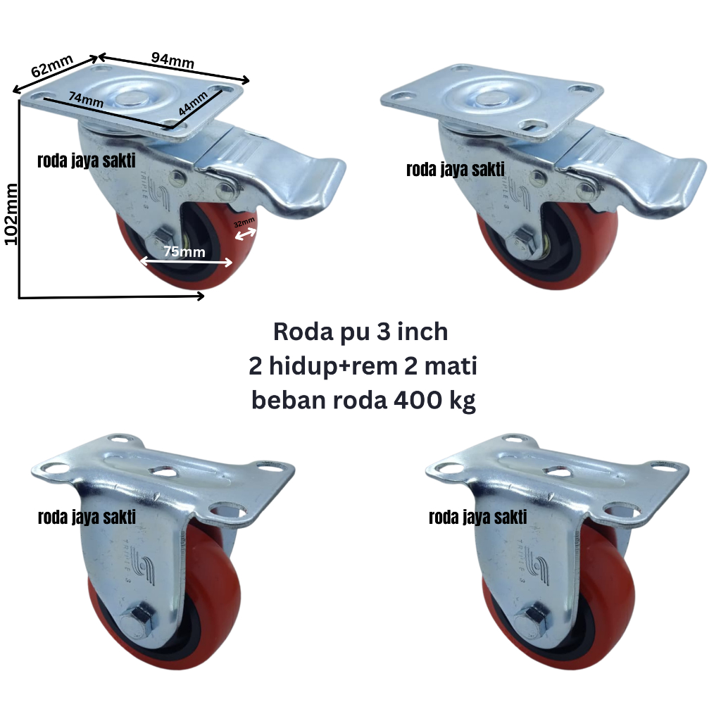 Jual Roda pu merah 3 inch 2 hidup+rem & 2 mati beban roda 400 kg ...