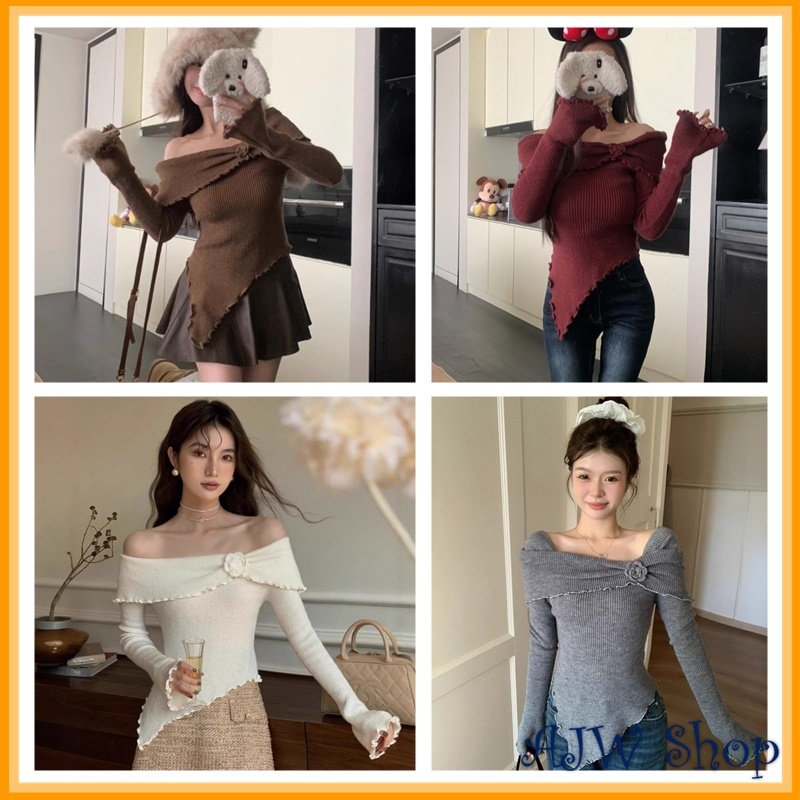 Jual AJW Atasan Wanita Off Shoulder Top Kriwil Lengan Panjang Knit ...
