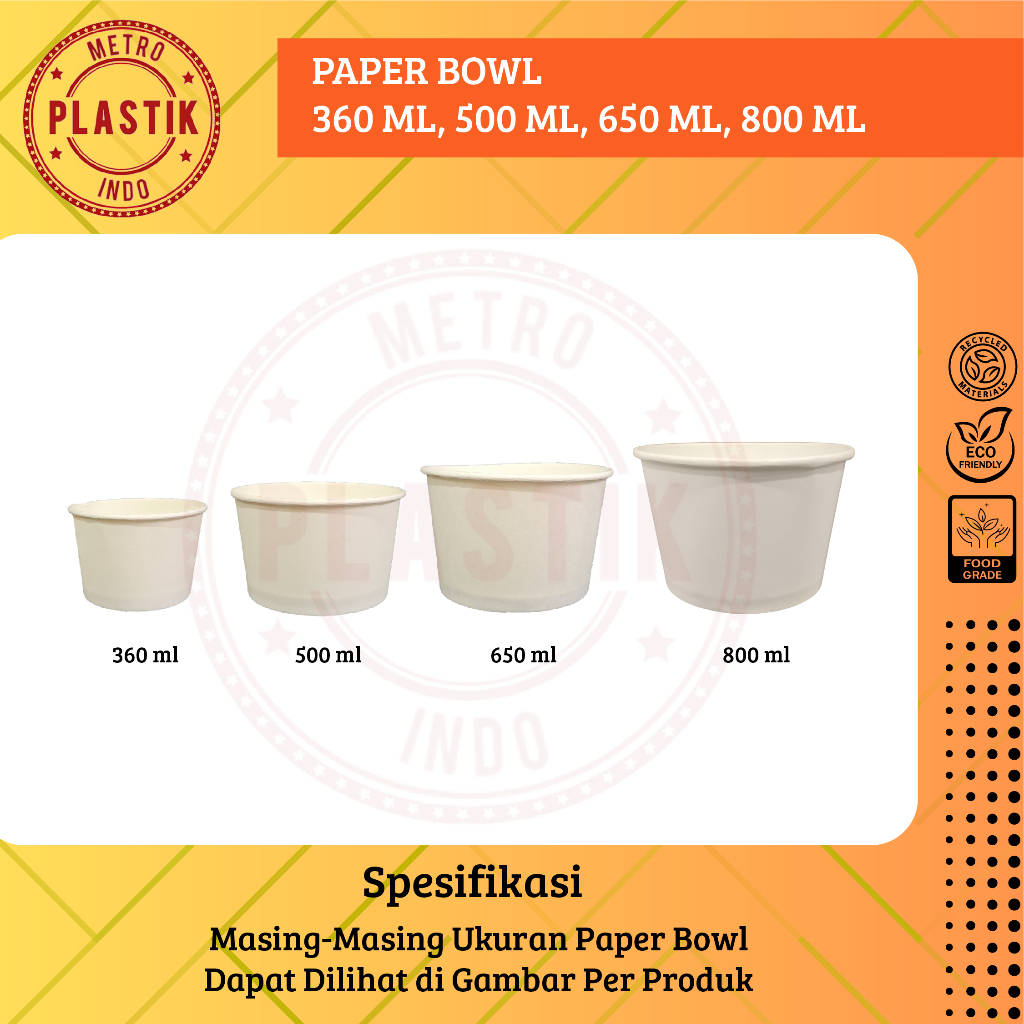 Jual Paper Bowl Putih Polos 360ml 500ml 650ml 800ml Isi 25pcs / Mangkok ...