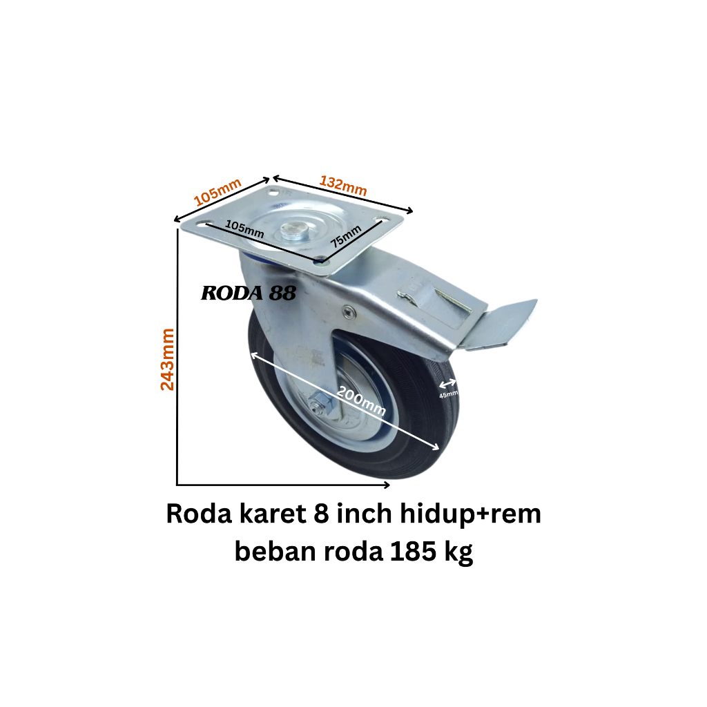 Jual Roda karet RRT 8 inch hidup+rem, Beban roda 185 kg | Shopee Indonesia
