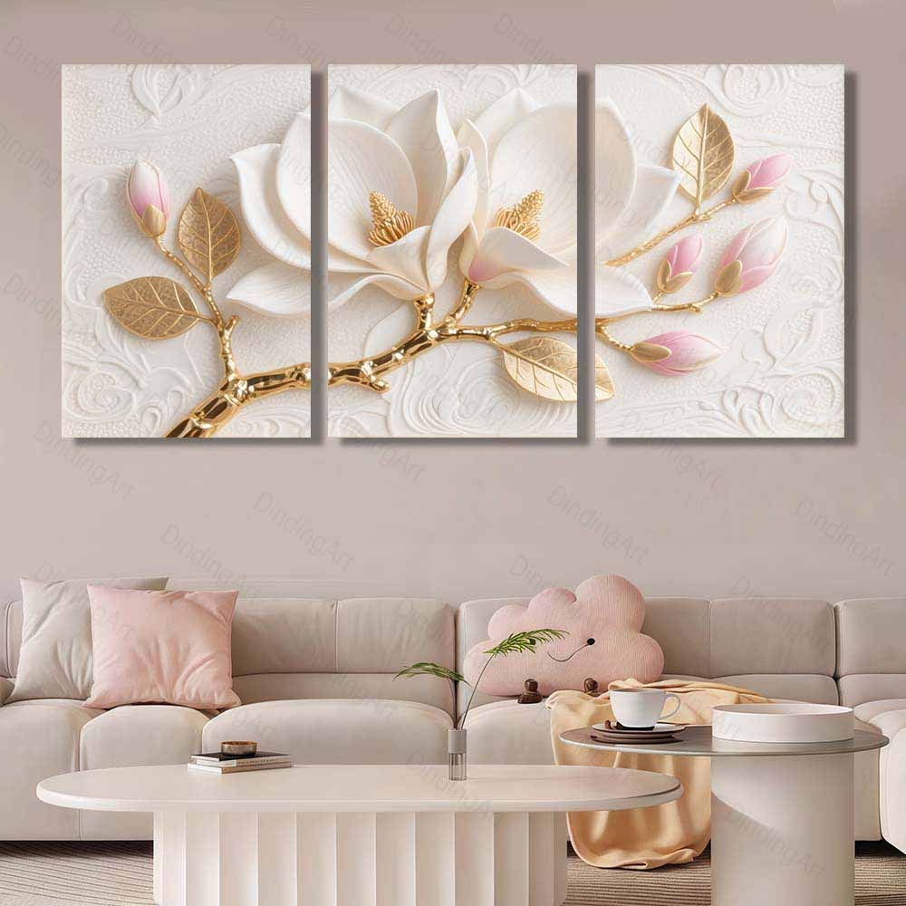 Jual Wall Art Dinding 3 Panel Bunga Magnolia Putih dengan Sentuhan Emas ...