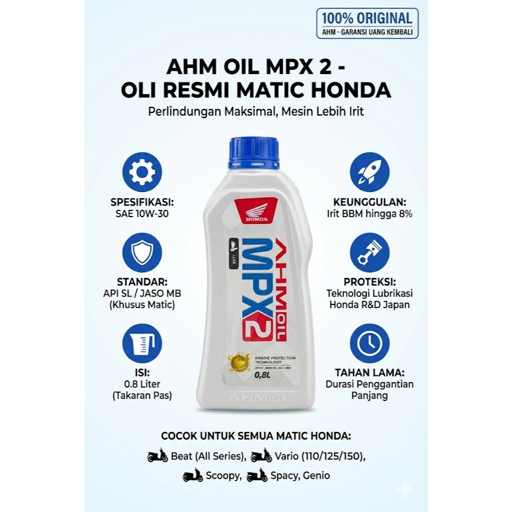 Jual Oli Motor Honda AHM Oil MPX2 0.8L 10W-30 Matic Original | Shopee ...