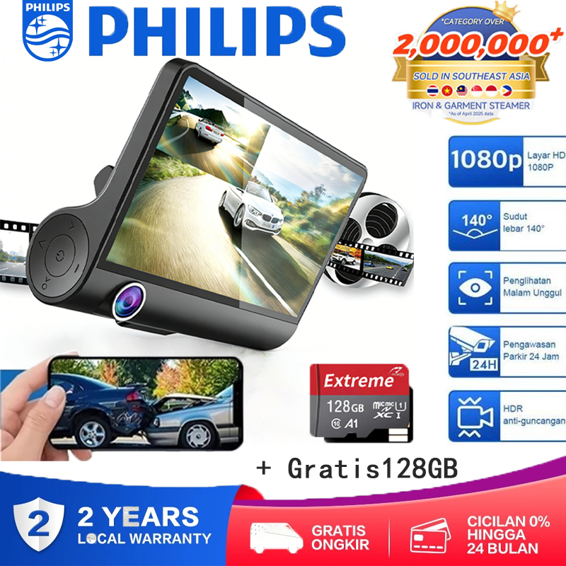 Jual Philips Dashcam Mobil WIFI 2K 4.5 Inch Layar Night Vision 3 Lens ...