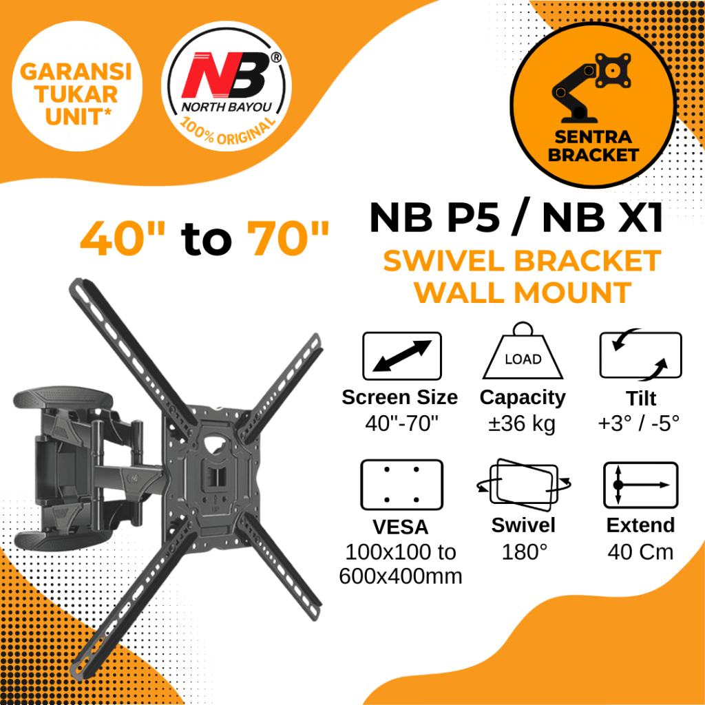 Jual North Bayou NB P5 (X-1) Bracket Heavy Swivel Wall Mount 40" to 70 ...