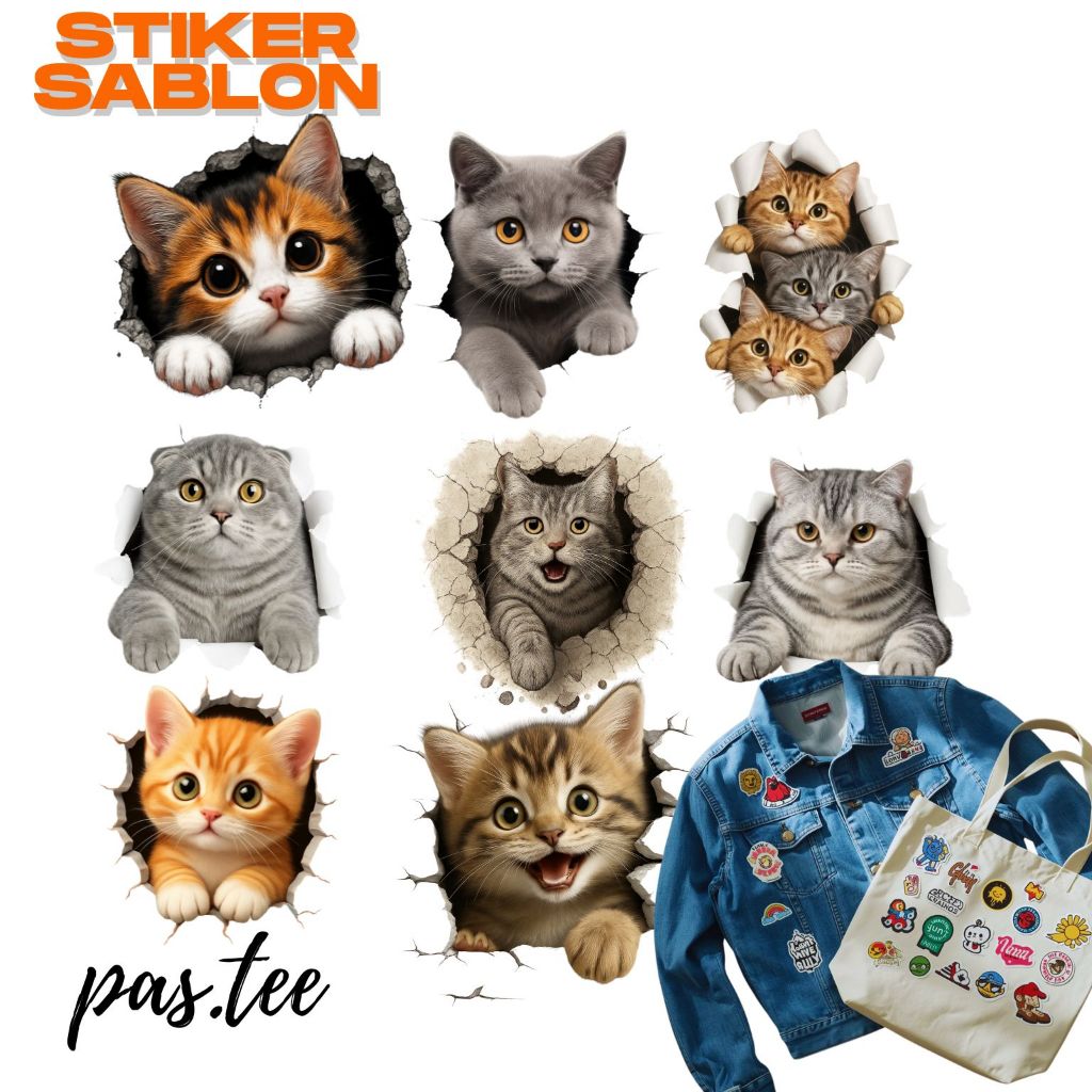 Jual Stiker Sablon Setrika DTF Kucing Tembok Lucu - Stiker Gosok Baju ...