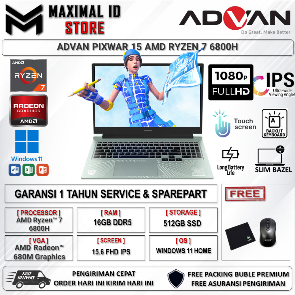 Jual Laptop Gaming Advan Pixwar 15 AMD Ryzen 7 6800H 16GB DDR5 512GB 15 ...