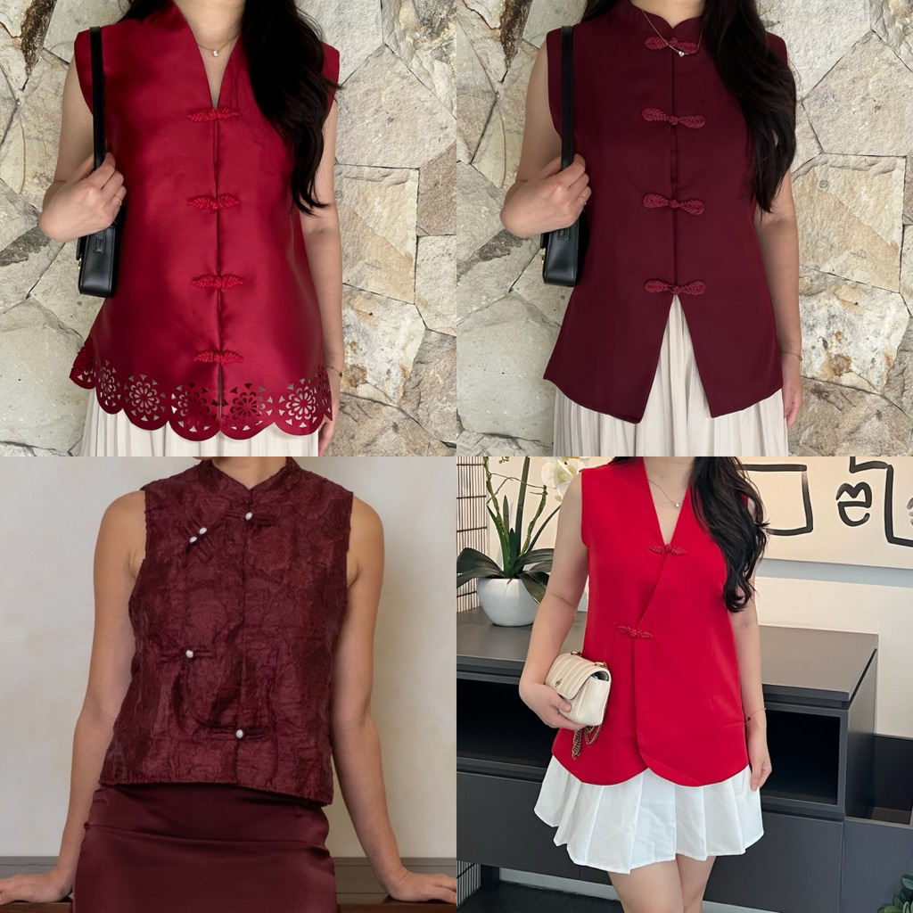 Jual KHUSUS CNY COLLECTIONS! Cheongsam Qibao Vest Top Maroon Red Atasan ...