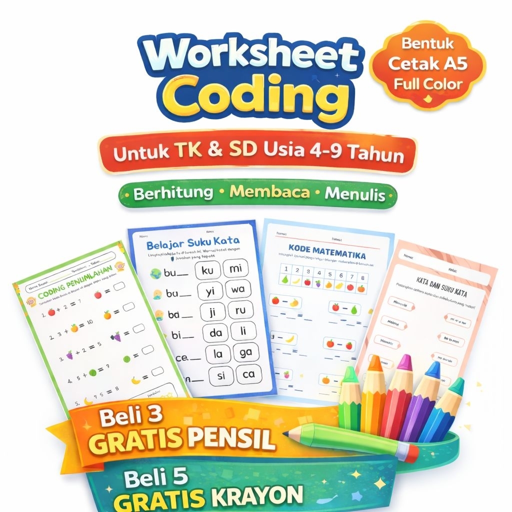Jual worksheet coding 4-9 tahun 50 lembar aktifity anak edukasi ...