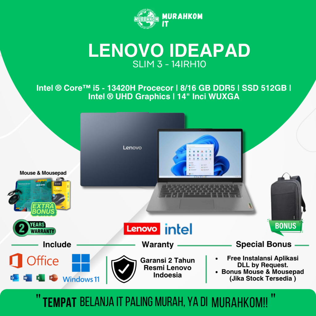 Jual LENOVO IDEAPAD SLIM 3 14IRH10 i5 13420H RAM 16GB SSD 512GB Layar ...