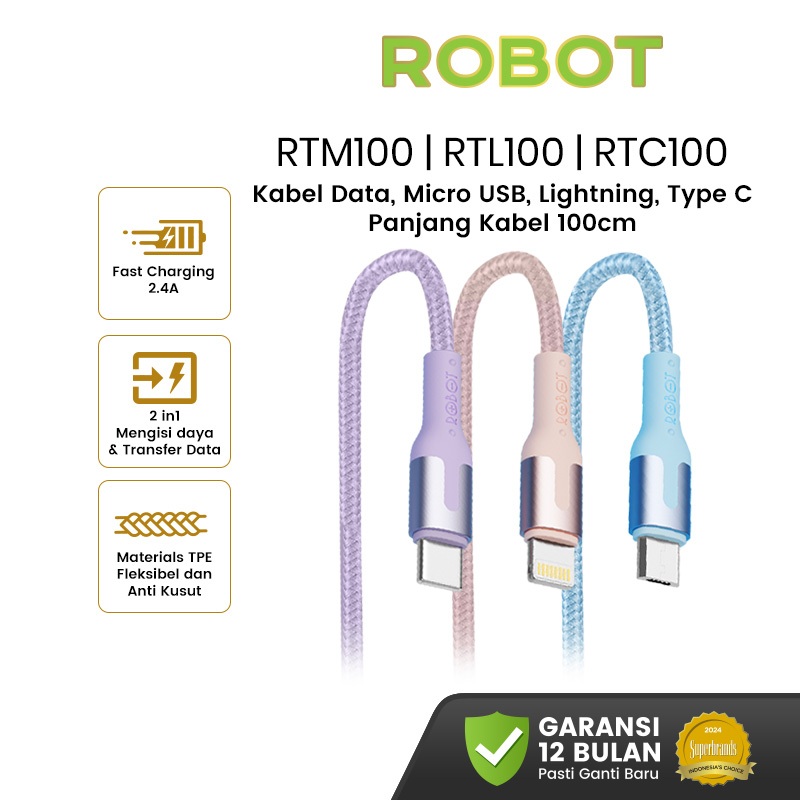 Jual ROBOT Kabel Data RTM/RTL100/RTC Type C Micro USB Lighting 1M Data ...