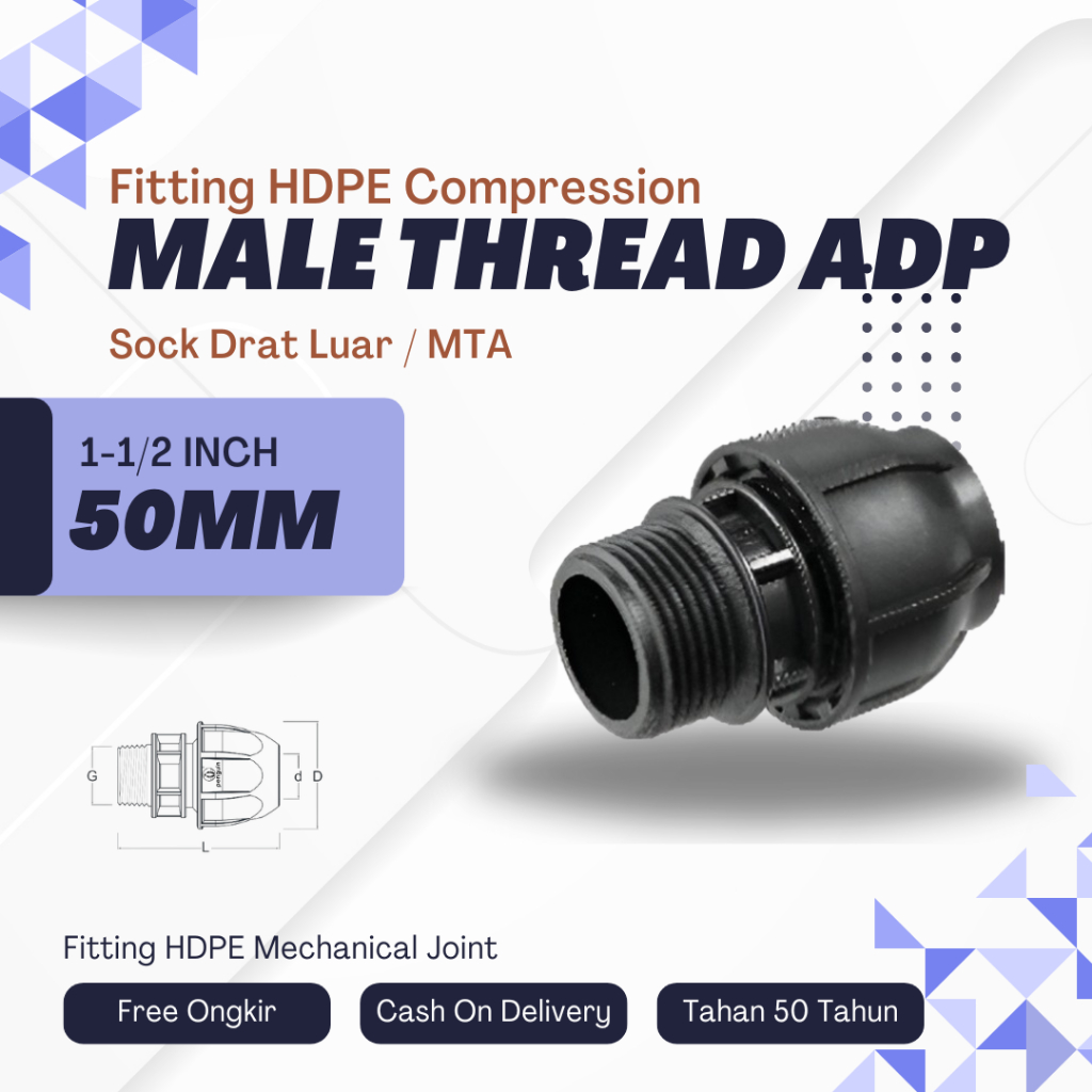 Jual Male Thread Adp SDL Sock Drat Luar Compression 50mm atau 1-1/2 ...