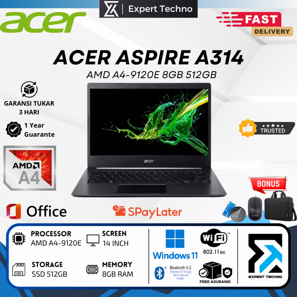 Jual ACER ASPIRE 3 A314 AMD A4-9120E RAM 8GB SSD 512GB 14" HD Windows ...
