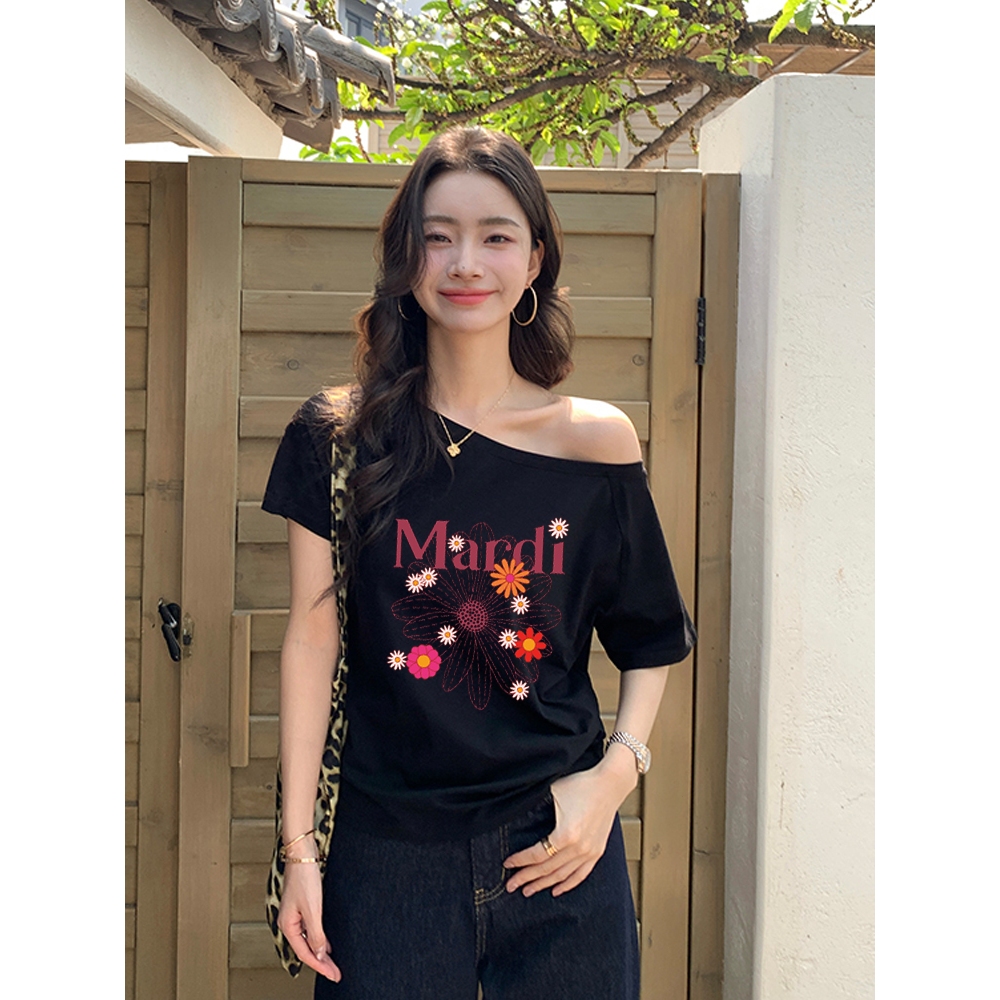 Jual 2toyoung Kaos bahu terbuka hitam dengan cetakan bunga berwarna dan ...