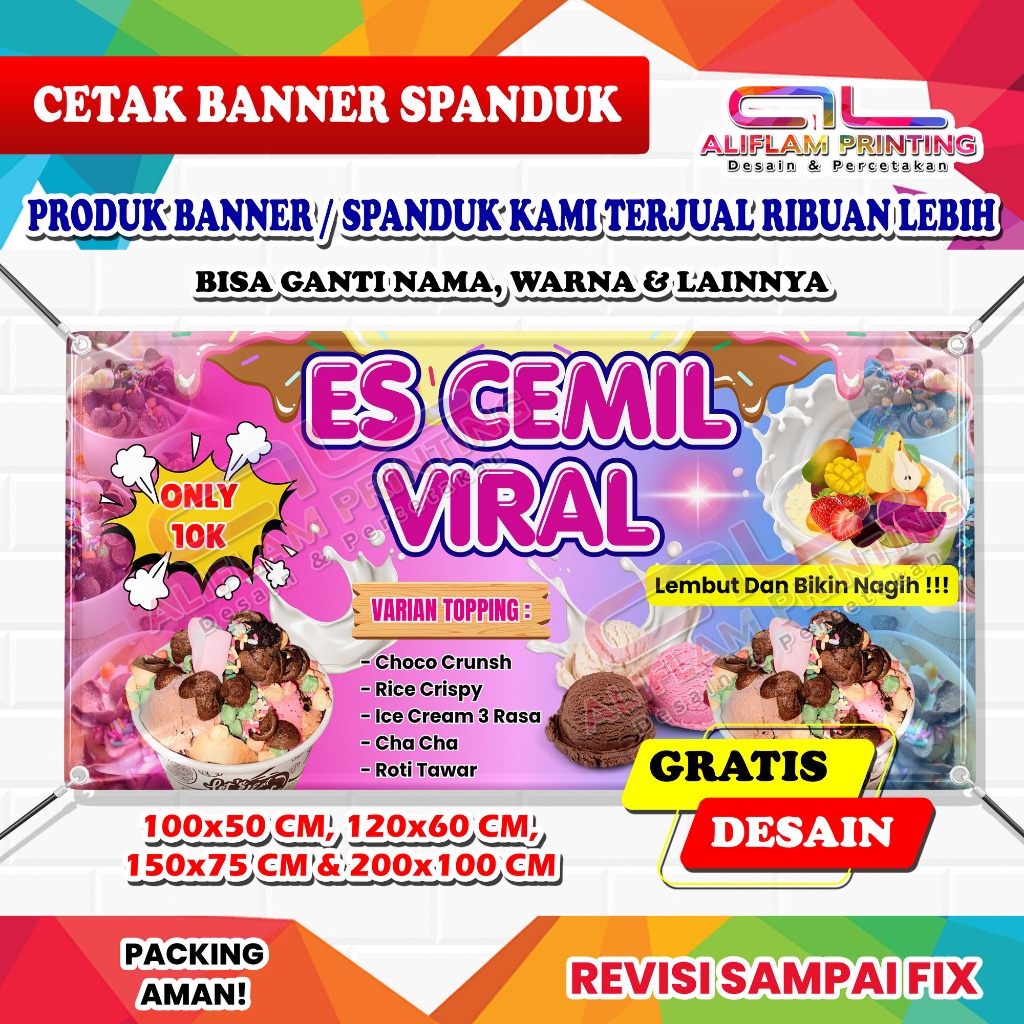 Jual CETAK BANNER ES CEMIL VIRAL | SPANDUK FREE DESAIN | Revisi Sampai ...