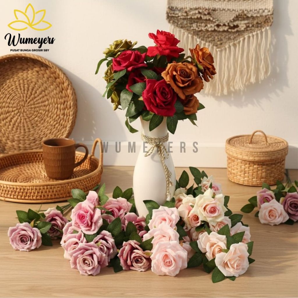 Jual WM 1PCS BUNGA MAWAR REAL ROSE CABANG 5 ARTIFICIAL IMITASI - FLOWER ...