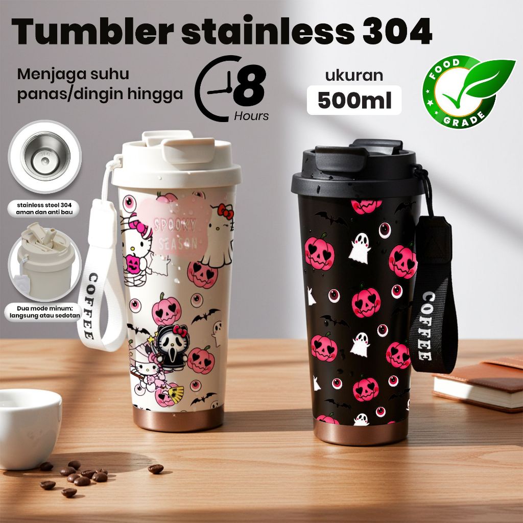 Jual Tumbler Stainless 304 Food Grade 500ml Halloween Motif Hello Kitty ...