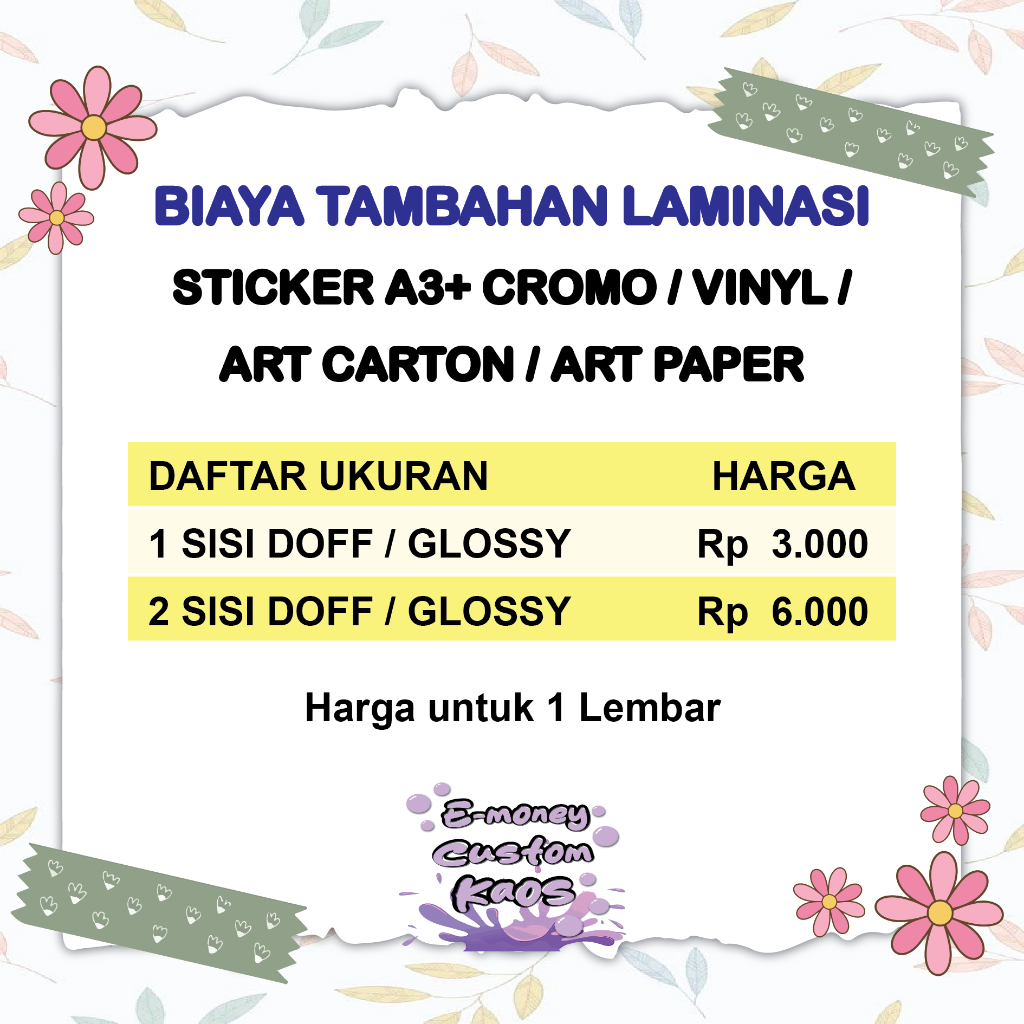 Jual BIAYA TAMBAHAN LAMINASI STICKER CROMO VINYL A3+ ART CARTON ART ...