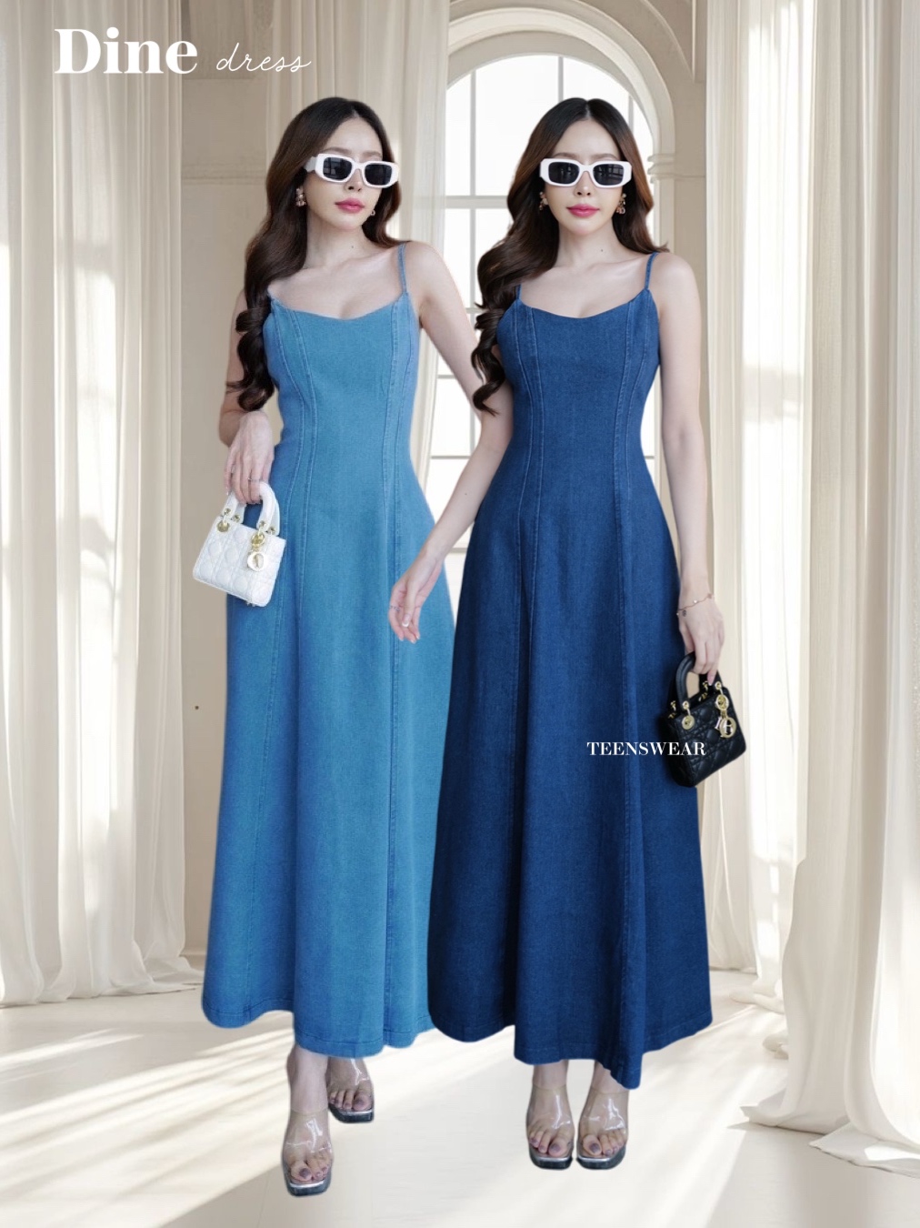 Jual Dine Dress (Sling Denim Flare Midi Dress Import Bangkok) | Shopee ...