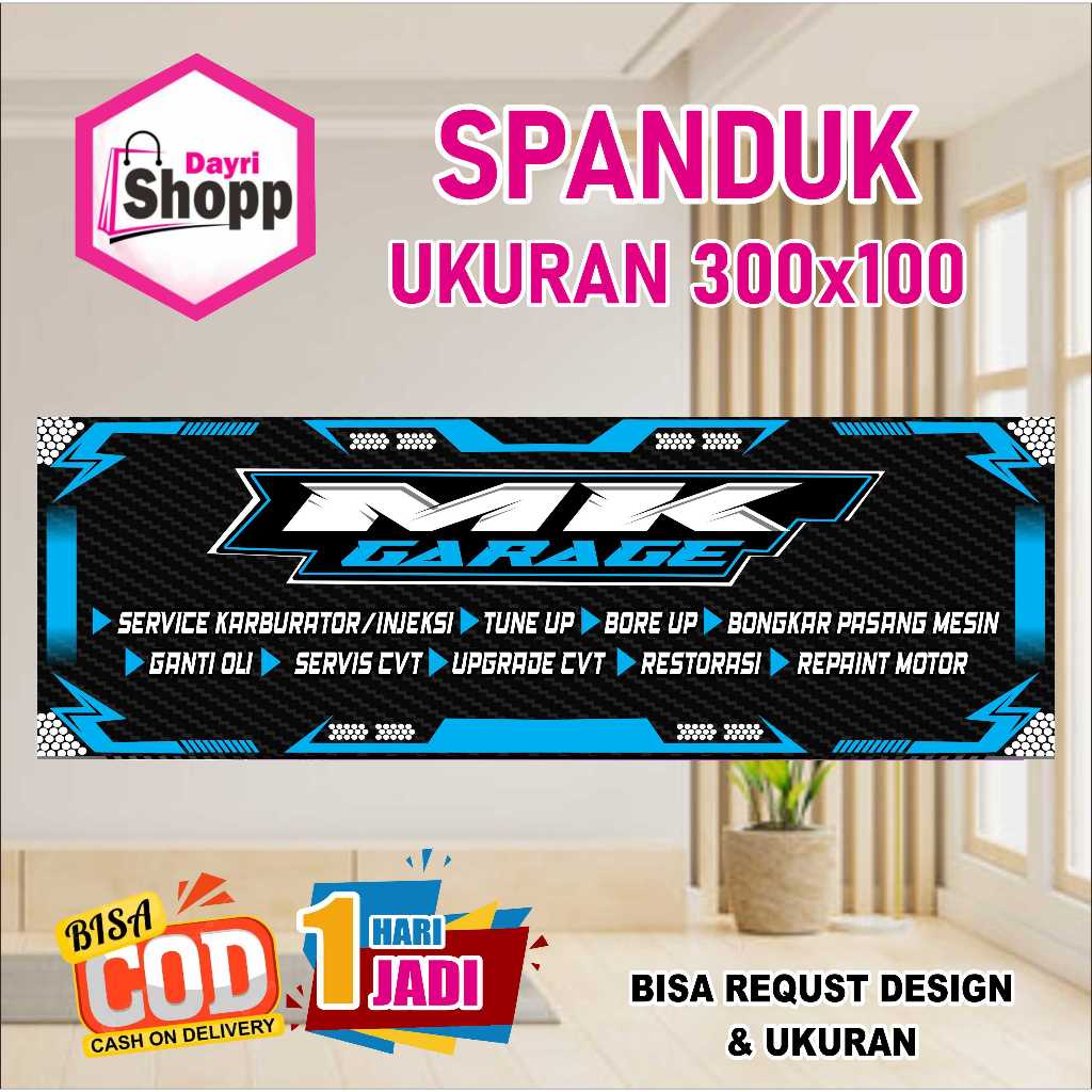 Jual Spanduk Banner Ukuran 300x100 Cm Bengkel MK Garage Biru Free ...
