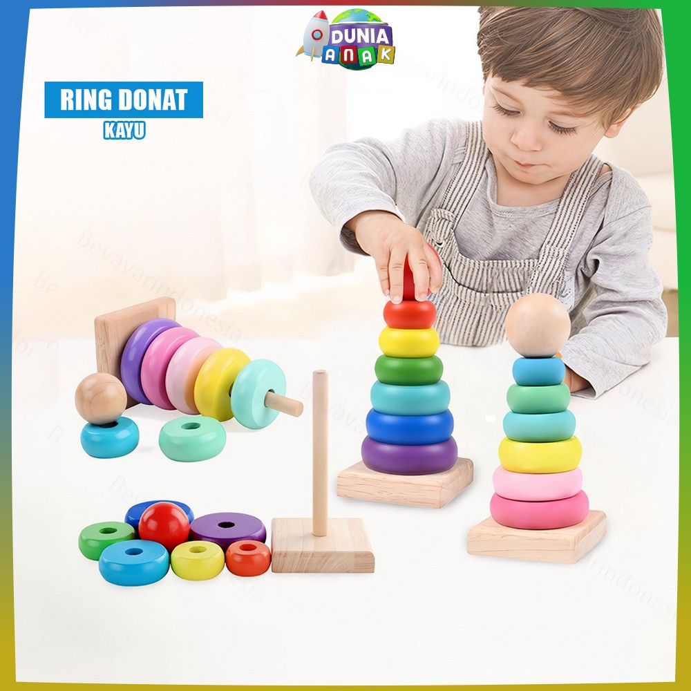 Jual Mainan Edukasi Anak Ring Donat Kayu Susun Rainbow Puzzle Tower ...